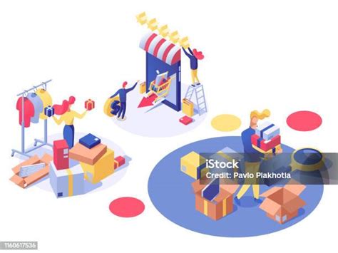 전자 상거래 및 소비주의 벡터 등각 투영 그림 마케팅 연구 인터넷 매장 통관 판매 마켓 플레이스 고립 클립 아트 선물을 선택 하 고 상품 문자를 구매 하는 고객 계급에 대한
