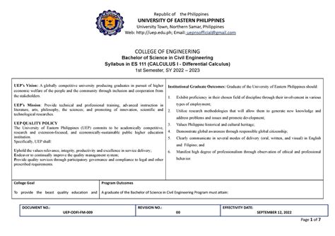 Differential Calculus Syllabus College Of Engineering Bachelor Of