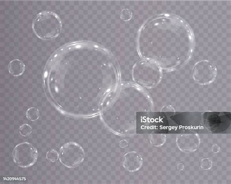 현실적인 비누 거품 수집 거품은 투명한 배경에 있습니다 벡터 비행 비누 거품 버블 Png 워터 글라스 버블 현실적인 Png 3차원 형태에 대한 스톡 벡터 아트 및 기타