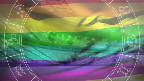 Premium Stock Video Animation Of Zodiac Signs And Lgbt Flag Over Stadium