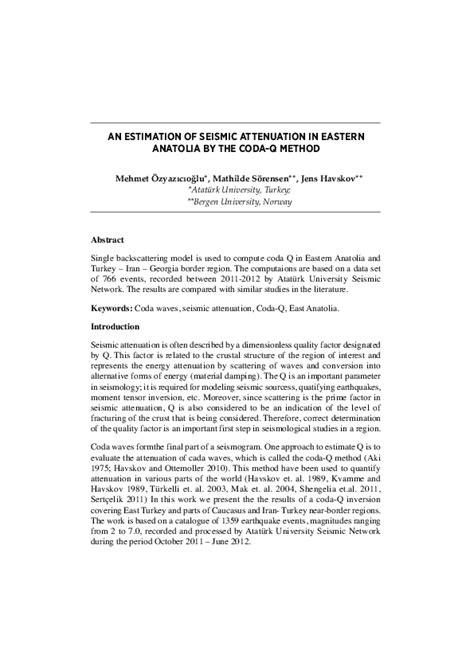 Pdf An Estimation Of Seismic Attenuation In Eastern Anatolia By The Coda Q Method