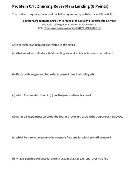 solved problem c 1 zhurong rover mars landing 8 points
