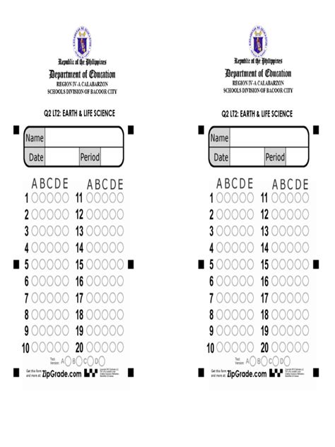 20 Items Answer Sheet Zipgrade Pdf