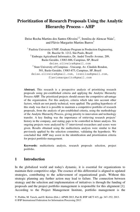 pdf prioritization of research proposals using the analytic hierarchy