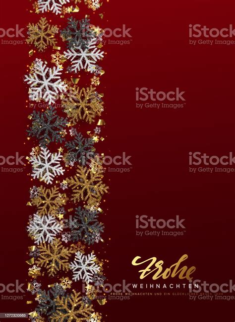 독일어 텍스트 프로헤 바이나텐 메리 크리스마스와 새해 복 많은 새해 빛나는 금 눈송이와 Xmas 배경 인사말 카드 휴일 배너 웹