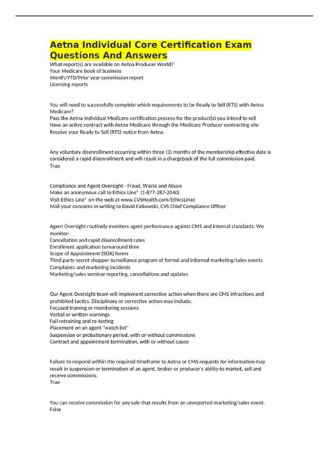 Aetna Individual Core Certification Exam Questions And Answers Aetna