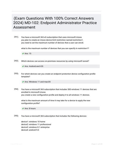 Exam Questions With 100 Correct Answers 2024 Md 102 Endpoint Administrator Practice Assessment