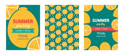 청록색 배경에 레몬과 감귤류 슬라이스 디자인이 있는 3개의 여름 파티 초대장 템플릿 벡터 일러스트 레이션 Flyposting에 대한 스톡 벡터 아트 및 기타 이미지 Istock