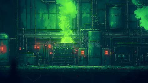 Retro Pixel Art Industrial Environment Scene In Green And Black Tones
