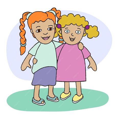 Dos Amigas Se Abrazan Niñitas Colegialas Rubias Y Pelirrojas Vector Premium