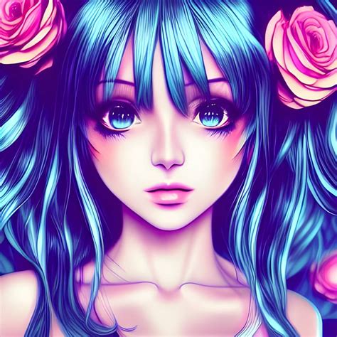 Фото Девушка с голубыми волосами и розовыми розами на них