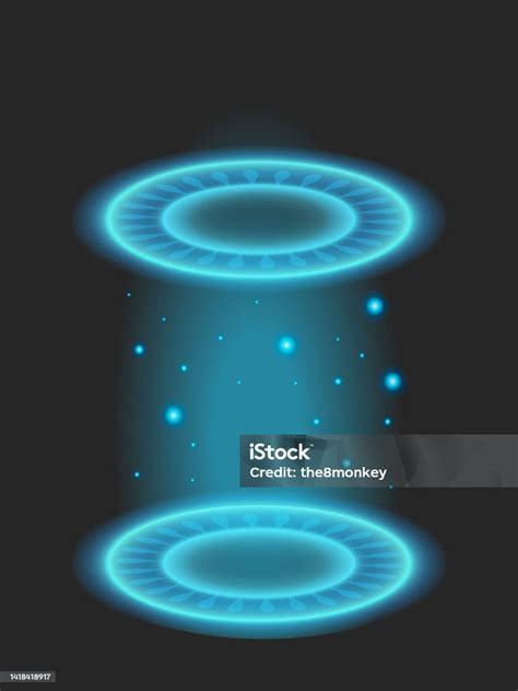 불꽃과 함께 푸른 광선으로 텔레포트 네온 에너지 서클 포털 연단 가벼운 미래 지향적 인 디지털 랩 또는 판타지 빛나는 홀로그램 빛나는 빔이있는 벡터 수직 공간 터널 왜곡된