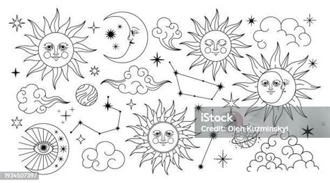 신비로운 천상의 상징입니다 난해한 은하 요소 마법의 영적 점성술 표지판 추상 달 태양 별 별자리 그래픽 연금술 문신 벡터 세트 개체 그룹에 대한 스톡 벡터 아트 및 기타