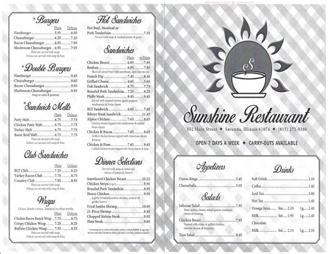 Menu At Sunshine Restaurant Savanna