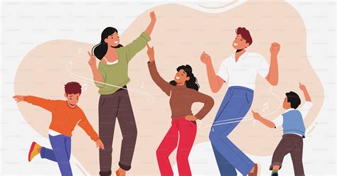 행복한 가족은 홈 파티를 축하합니다 아이들을 둔 부모들은 하얀 배경에 고립되어 춤을 춘다 엄마 아빠 아이들 캐릭터는 여가