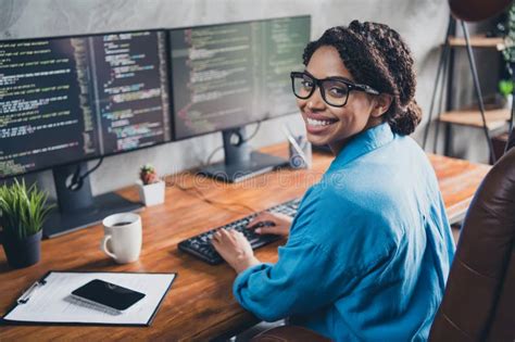 Photo Of Lovely Young Lady Typing Keyboard Coding Developer Dressed Blue Shirt Comfortable