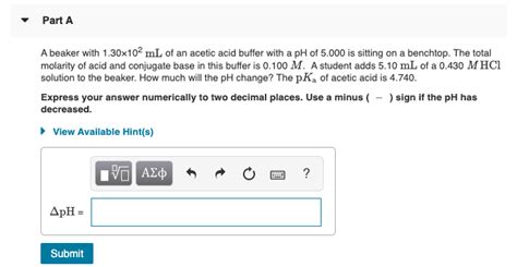 solved a beaker with 1 30×102 mlml of an acetic acid buffer