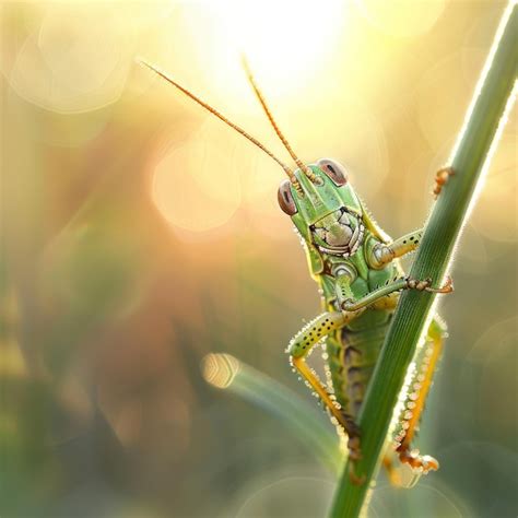Closeup Of A Grasshopper On A Blade Of Grass In Sunlight Premium Ai Generated Image