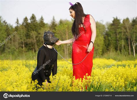 Sexy Kinky Couple Walking Nature Having Roleplay Game Latex Mistress