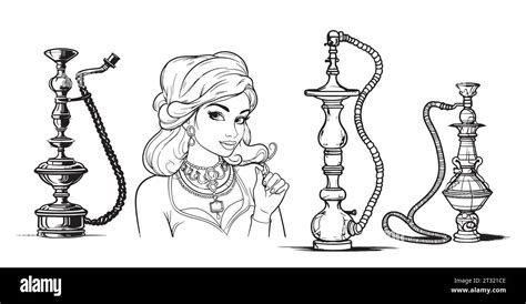 Smoking Hookah Set Hand Drawn Vector Illustration In Vintage Engraving