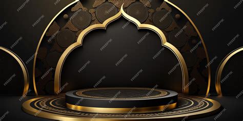 빈 검정색과 금색 연단 라마단 배경 골드 카펫 배경에 이슬람 장식 프리미엄 사진