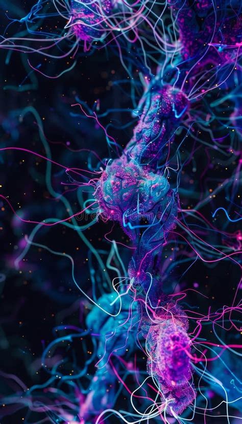 Dynamic Digital Art Illuminated Particles And Swirling Lines Conveying Depth And Motion Stock