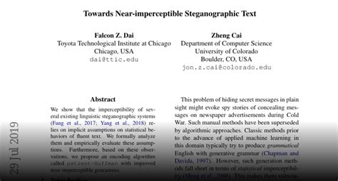 Paper Page Towards Near Imperceptible Steganographic Text