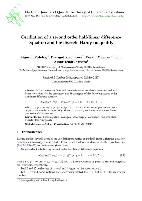 Pdf Oscillation Of A Second Order Half Linear Difference Equation And