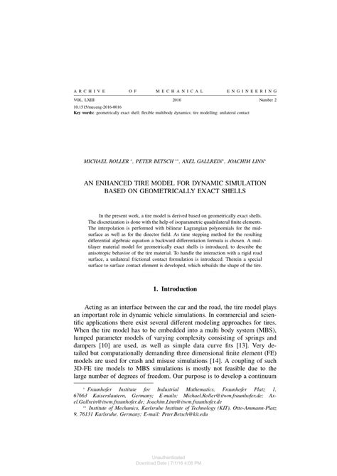 Pdf An Enhanced Tire Model For Dynamic Simulation Based On Geometrically Exact Shells