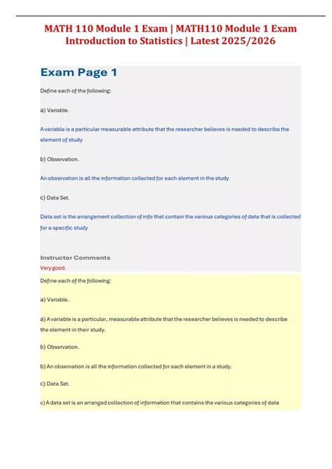 Math 110 Module 1 Exam Introduction To Statistics Portage Learning Latest 2025 2026