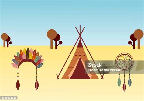위그웜 꿈의 포수 머리장식이 있는 아메리카 원주민 테마 일러스트레이션 아메리카 원주민 문화 개념입니다 0명에 대한 스톡 벡터 아트 및 기타 이미지 Istock