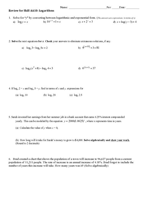 Fillable Online Logarithms Review Graphing Functions And Solving Equations Fax Email Print