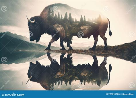 Wondrous Male Bison Grazing On Grassland With Double Exposure Natural