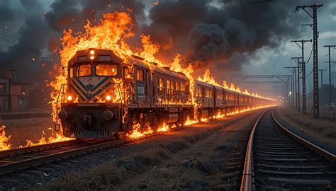 Burning Train On Railroad Tracks Creating Fire And Smoke Disaster Stock