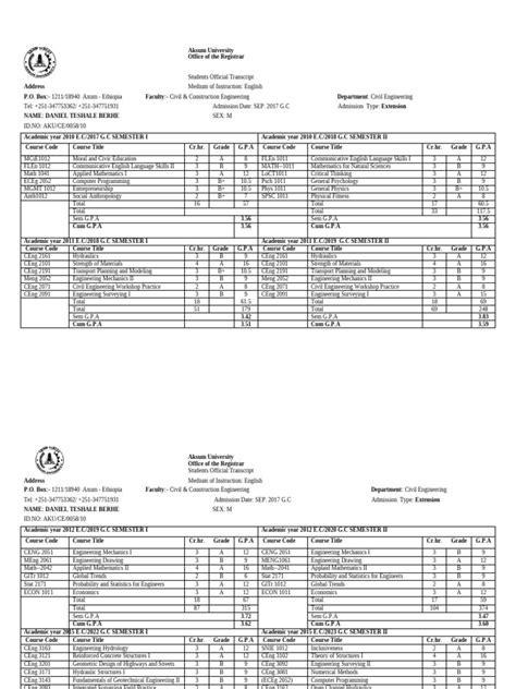 Transcript Format Of Aksum Univ Pdf Science Engineering