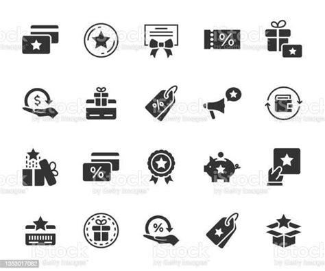 벡터 로열티 프로그램 플랫 아이콘 세트입니다 아이콘 캐쉬백 보너스 카드 할인 쿠폰 프로모션 상품권 보상 프로그램 등이 포함되어 있습니다 픽셀 완벽 아이콘에 대한 스톡 벡터
