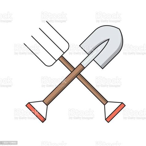 삽과 피치 포크 웹 앱과 모바일 개념에 대한 흰색 배경에 고립 된 트렌디 한 라인 스타일의 간단한 원예 아이콘 벡터 일러스트레이션 갈퀴에 대한 스톡 벡터 아트 및 기타