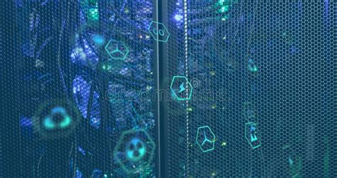 Animation Of Multiple Icons Over Illuminated Data Server System Stock