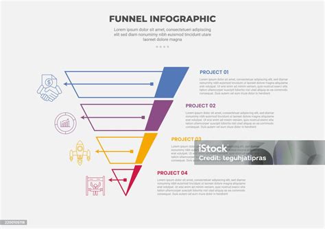 슬라이드 프레젠테이션을 위한 긴 선 화살표가 있는 역 피라미드가 있는 4점 템플릿이 있는 깔때기 기본 모양 인포그래픽 개요 스타일 0명에 대한 스톡 벡터 아트 및 기타
