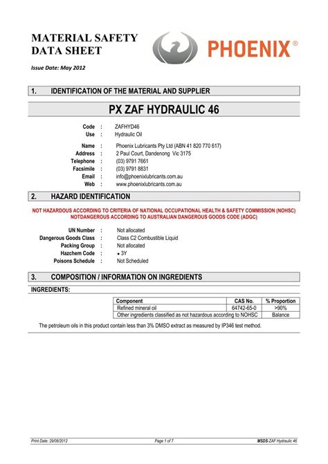 Material Safety Data Sheet Phoenix Lubricants