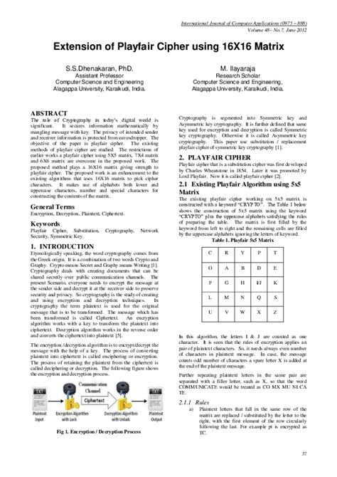 Pdf Extension Of Playfair Cipher Using 16x16 Matrix