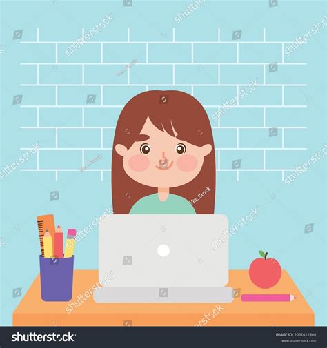 Девушка за компьютером учеба фрукты лицензируемые стоковые векторные изображения и векторная