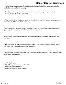 Grammar Repair Run On Sentences Worksheet By The Crafty Carpenter