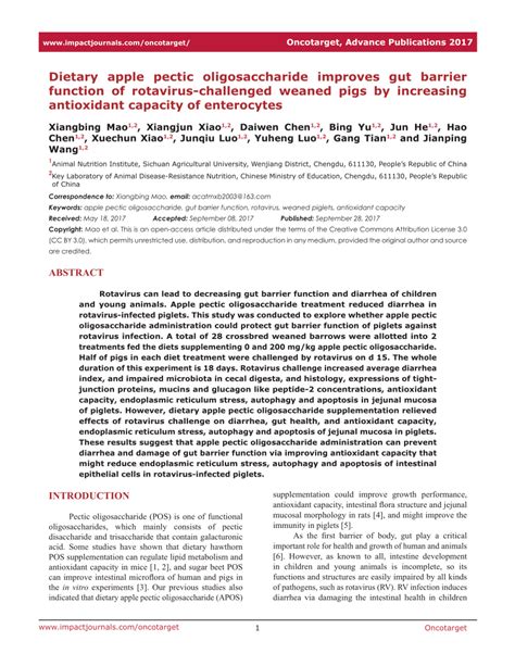 Pdf Dietary Apple Pectic Oligosaccharide Improves Gut Barrier Function Of Rotavirus Challenged
