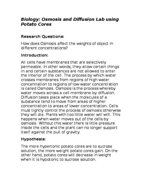 Doc Biology Osmosis And Diffusion Lab Using Potato Cores