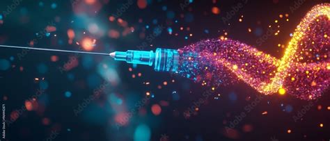 syringe morphing into a glowing dna strand representing the fusion of