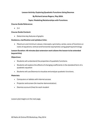 Lesson Plan Exploring Graphs Of Quadratic Functions Using Desmos Teaching Resources