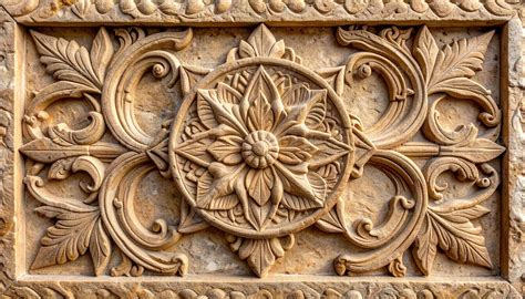 An Intricate Sandstone Carving Displays Symmetrical Floral And Leaf