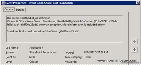 Hot To Fix Sharepoint Event 6398 Could Not Find Stored Procedure Dbo