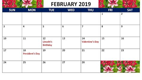 February 2019 Holidays Printable Calendar February Februarycalendar